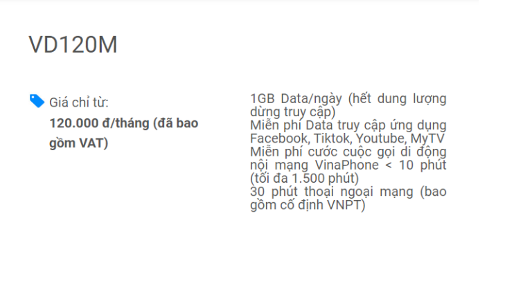Đăng ký gói VD120M Vinaphone giá 120K ưu đãi data, phút gọi